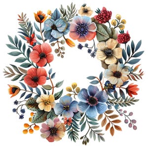 Folk Art Floral Wreath and Flowers Clipart Bundle, 16 High-quality JPG ...