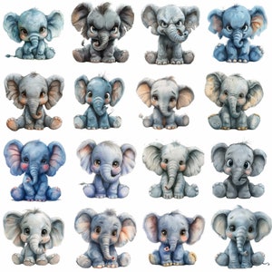 Cute Cartoon Elephants Clipart Bundle, 16 High-quality JPG, Craft Art ...