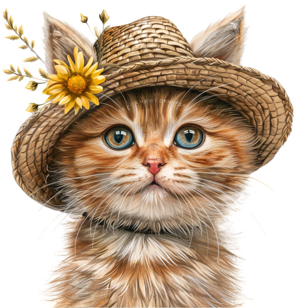 Cat With Straw Hat and Flowers Clipart Bundle, 16 High-quality JPG ...