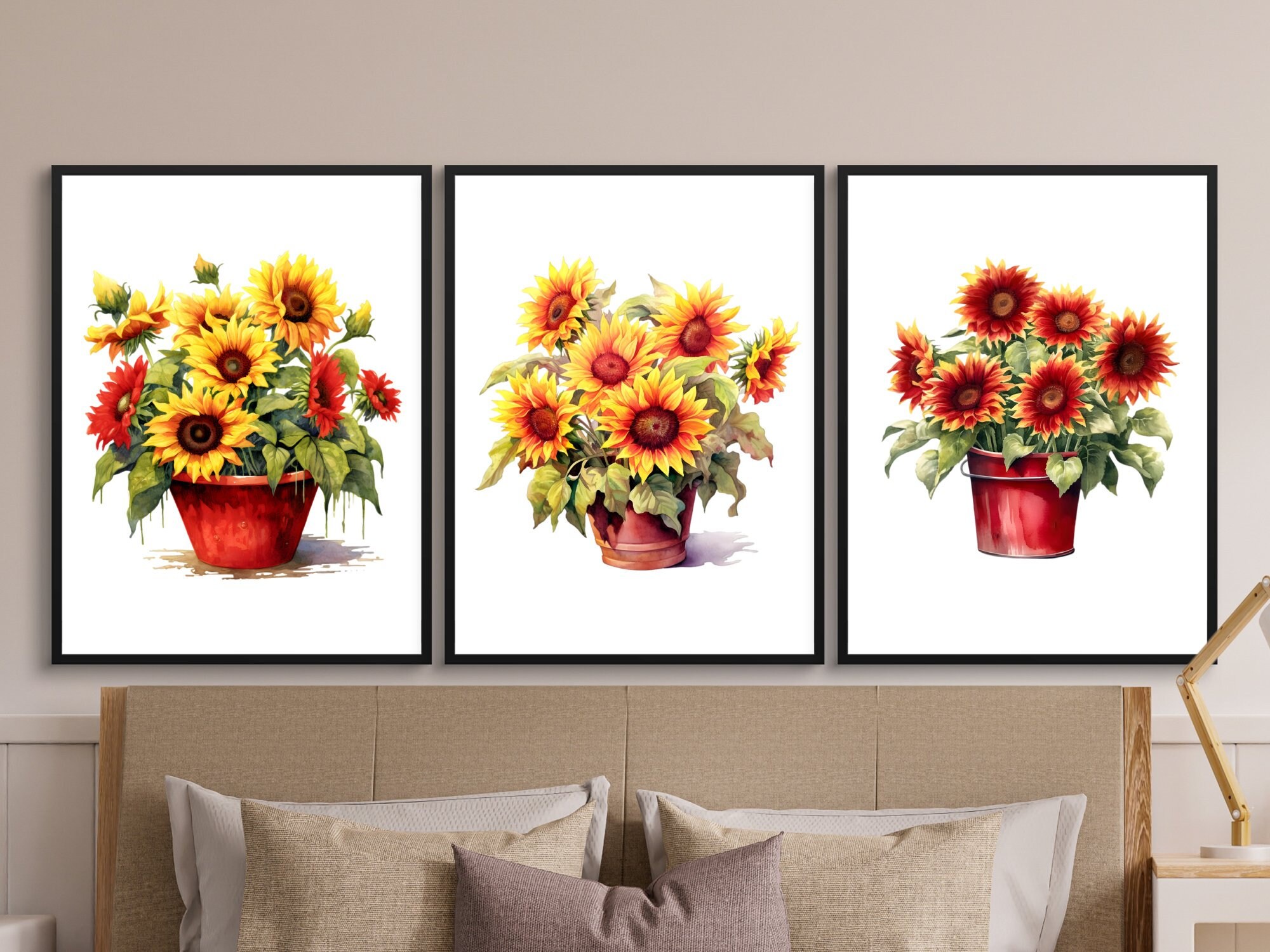 16 Red Sunflowers in Pots Clipart Bundle, High-quality PNG, Watercolor ...