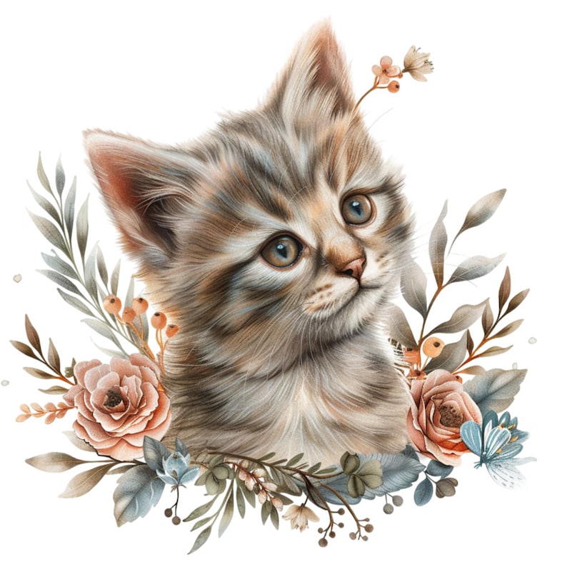 15 Floral Kitten Cat Flower Clipart Bundle, 15 High-quality JPG, Craft ...