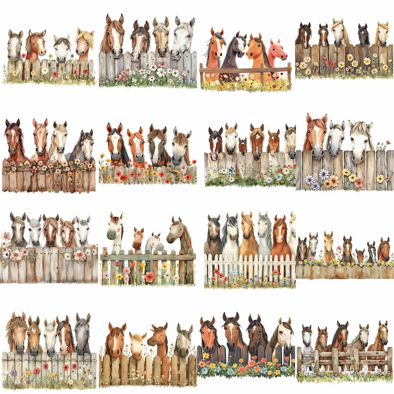 Cute Horses on a Farm Fence Clipart Bundle, 416 High-quality JPG, Craft ...