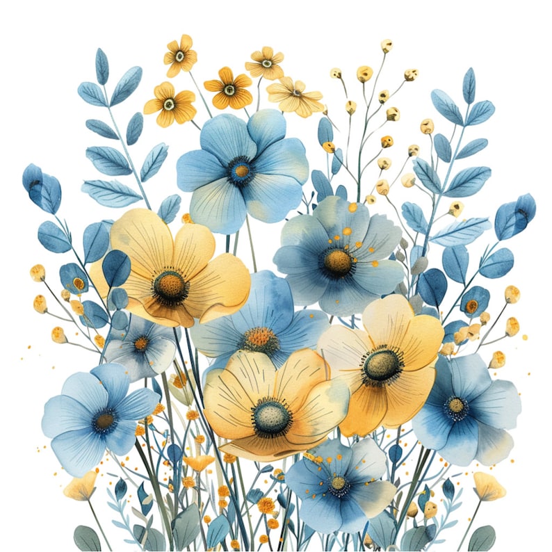 Abstract Blue and Yellow Flowers Clipart Bundle, 16 High-quality JPG ...