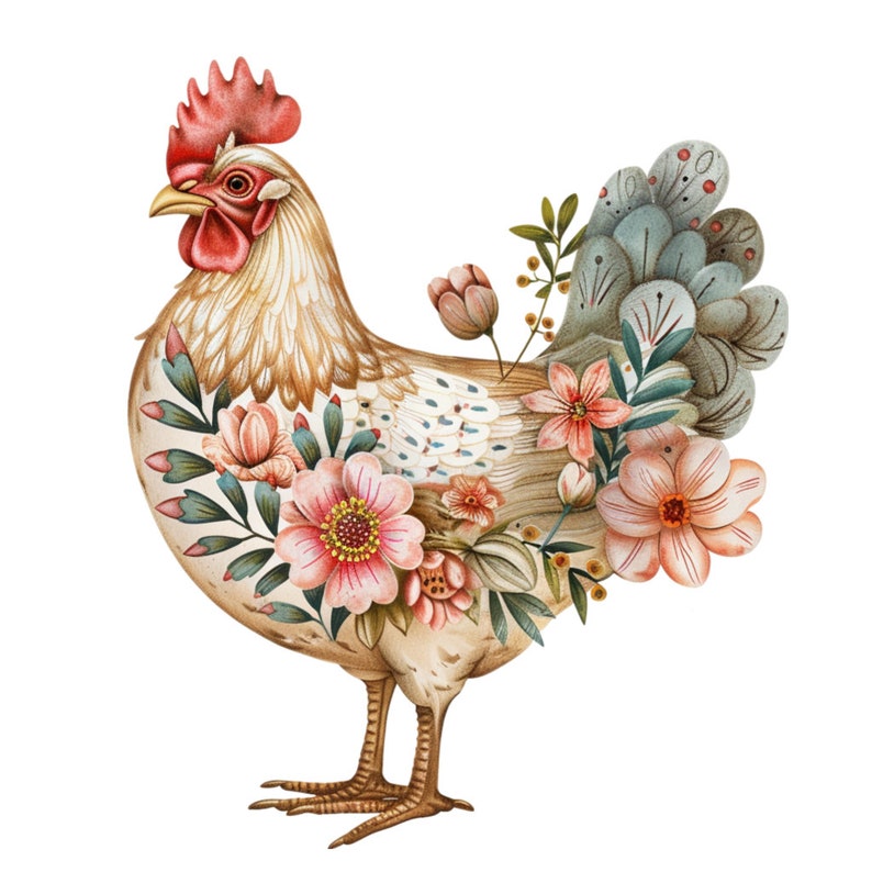 16 Chicken With Floral Flower Motif Clipart Bundle, 16 High-quality JPG ...