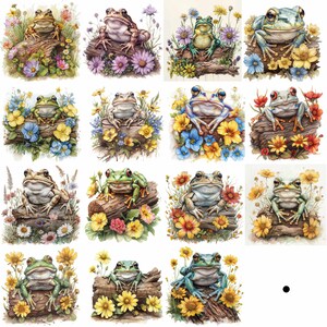 15 Cute Frog on Log With Flowers Clipart Bundle, 15 High-quality JPG ...