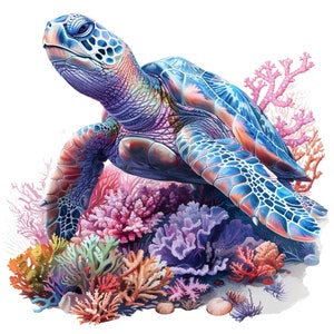 Leatherback Sea Turtle in Coral Clipart Bundle, 12 High-quality JPG ...