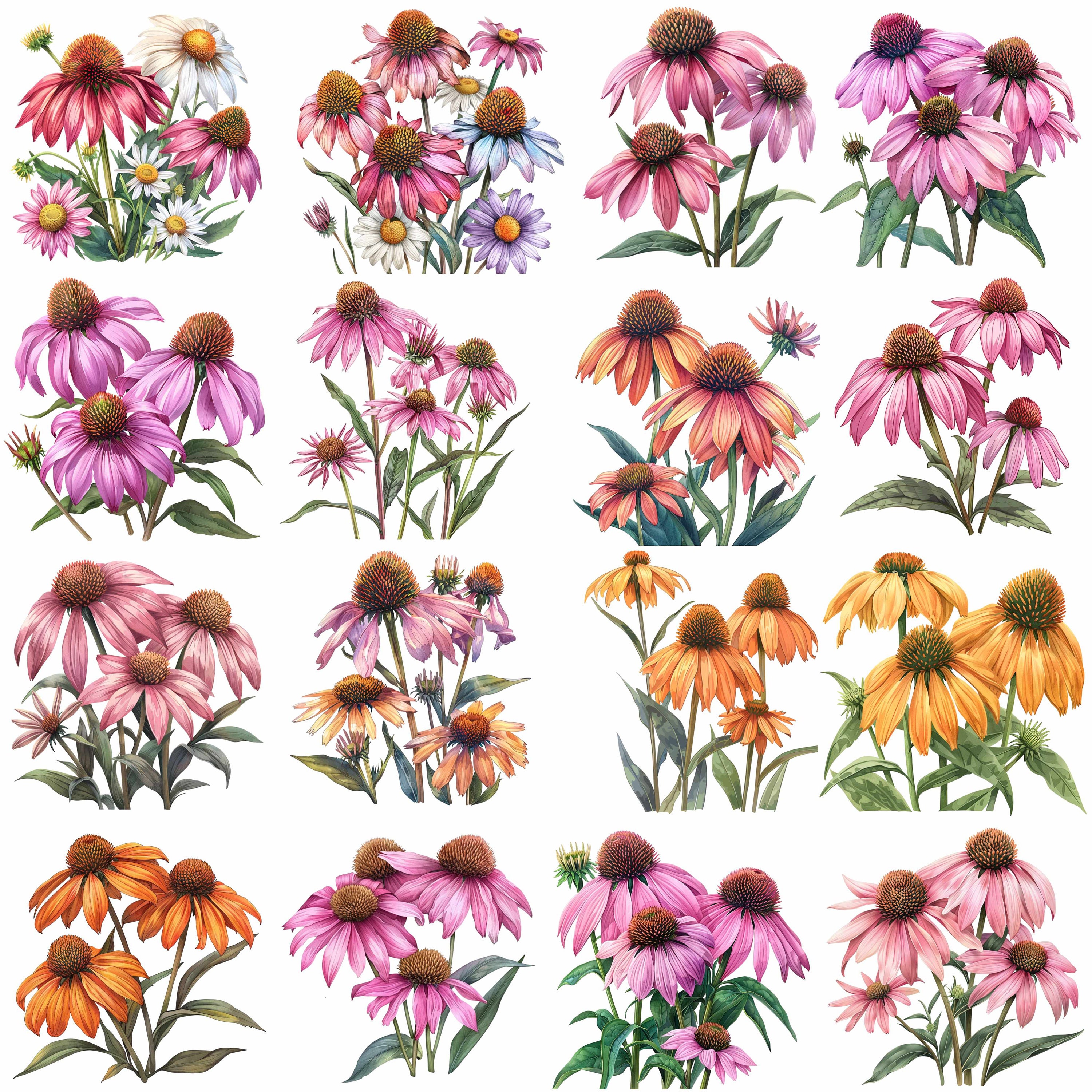 16 Coneflower Flower Mix Clipart Bundle, 16 High-quality JPG, Craft Art ...