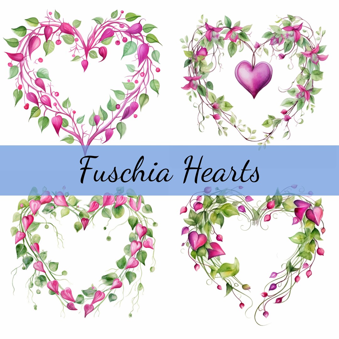 16 Fuchsia Flower Heart Wreath Clipart Bundle, High-quality JPG, Craft ...