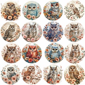Vintage Floral Owl in Round Circle Clipart Bundle, 16 High-quality JPG ...