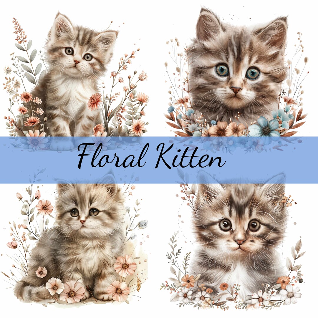 15 Floral Kitten Cat Flower Clipart Bundle, 15 High-quality JPG, Craft ...