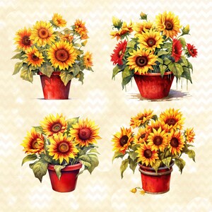 16 Red Sunflowers in Pots Clipart Bundle, High-quality PNG, Watercolor ...
