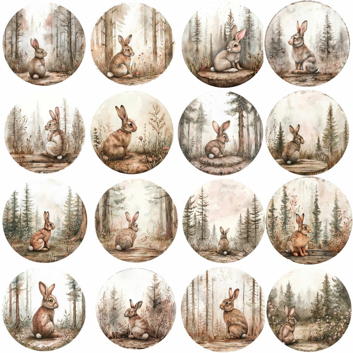 16 Round Hare Rabbit in Woods Bunny Clipart Bundle, 16 High-quality JPG ...