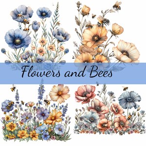 Row of Meadow Flowers With Bees Clipart Bundle, 16 High-quality JPG ...