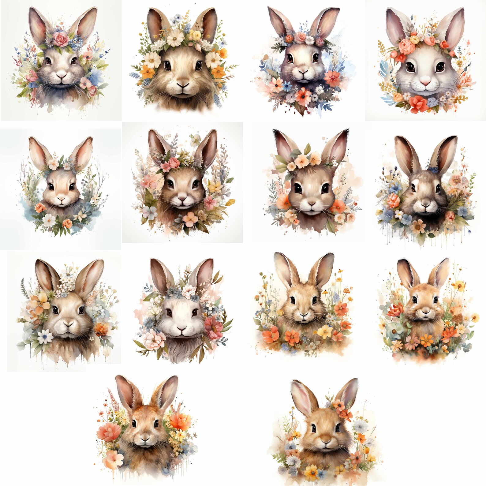 Boho Easter Bunny W Flowers Clipart Bundle, High-quality JPG, Craft Art ...