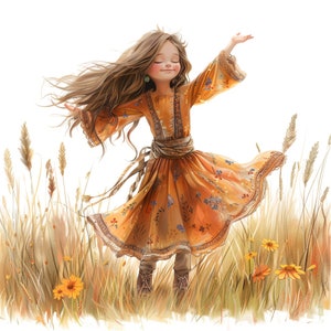 Cute Boho Girl Dancing in Flowers Clipart Bundle, 16 High-quality JPG ...