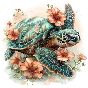 Floral Sea Turtle Flowers Clipart Bundle, 16 High-quality JPG, Craft ...