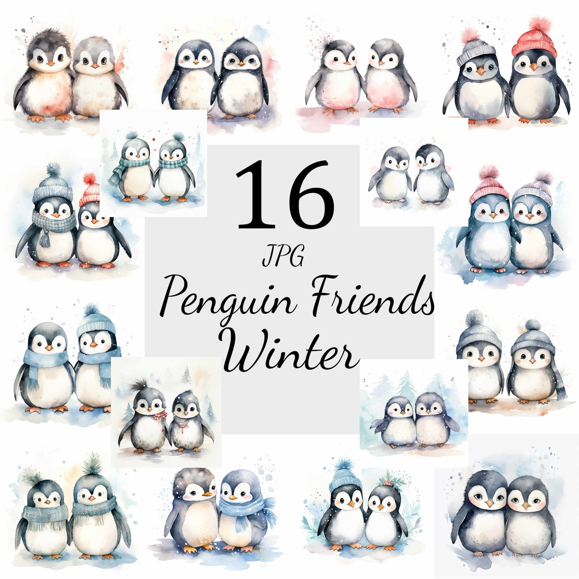 16 Winter Penguin Friends Clipart Bundle, 16 High-quality JPG, Nursery ...