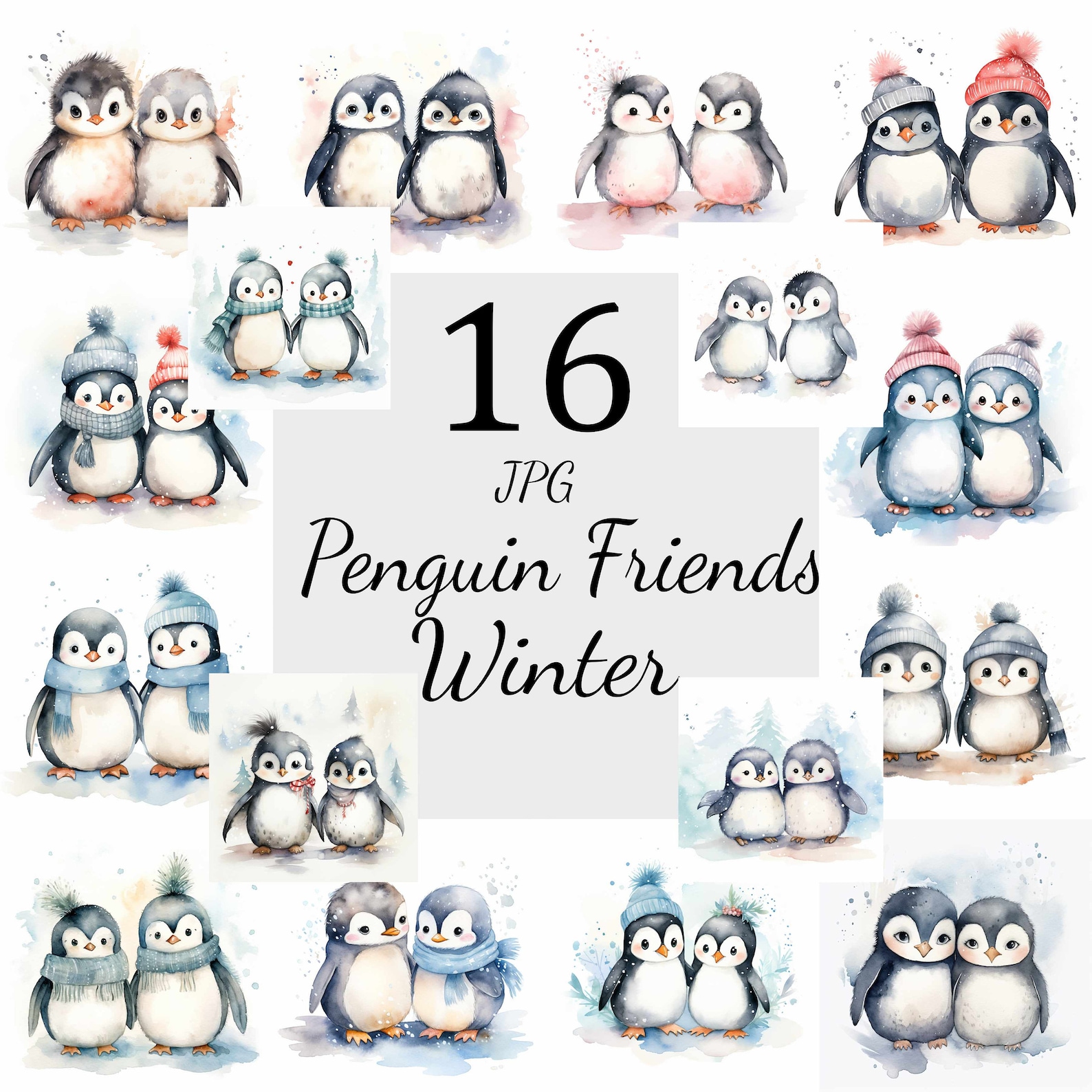 16 Winter Penguin Friends Clipart Bundle, 16 High-quality JPG, Nursery ...