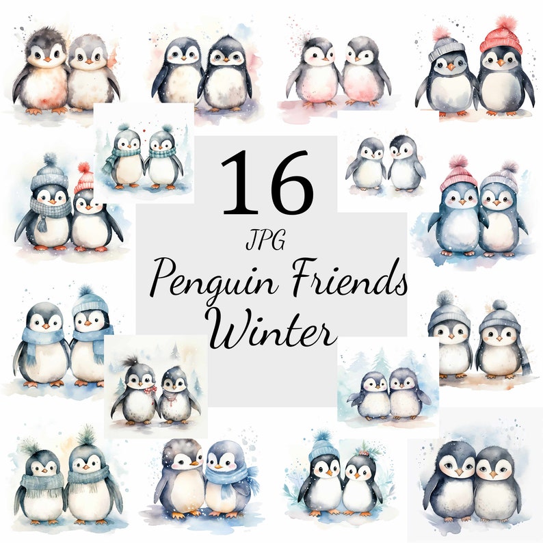 16 Winter Penguin Friends Clipart Bundle, 16 High-quality JPG, Nursery ...
