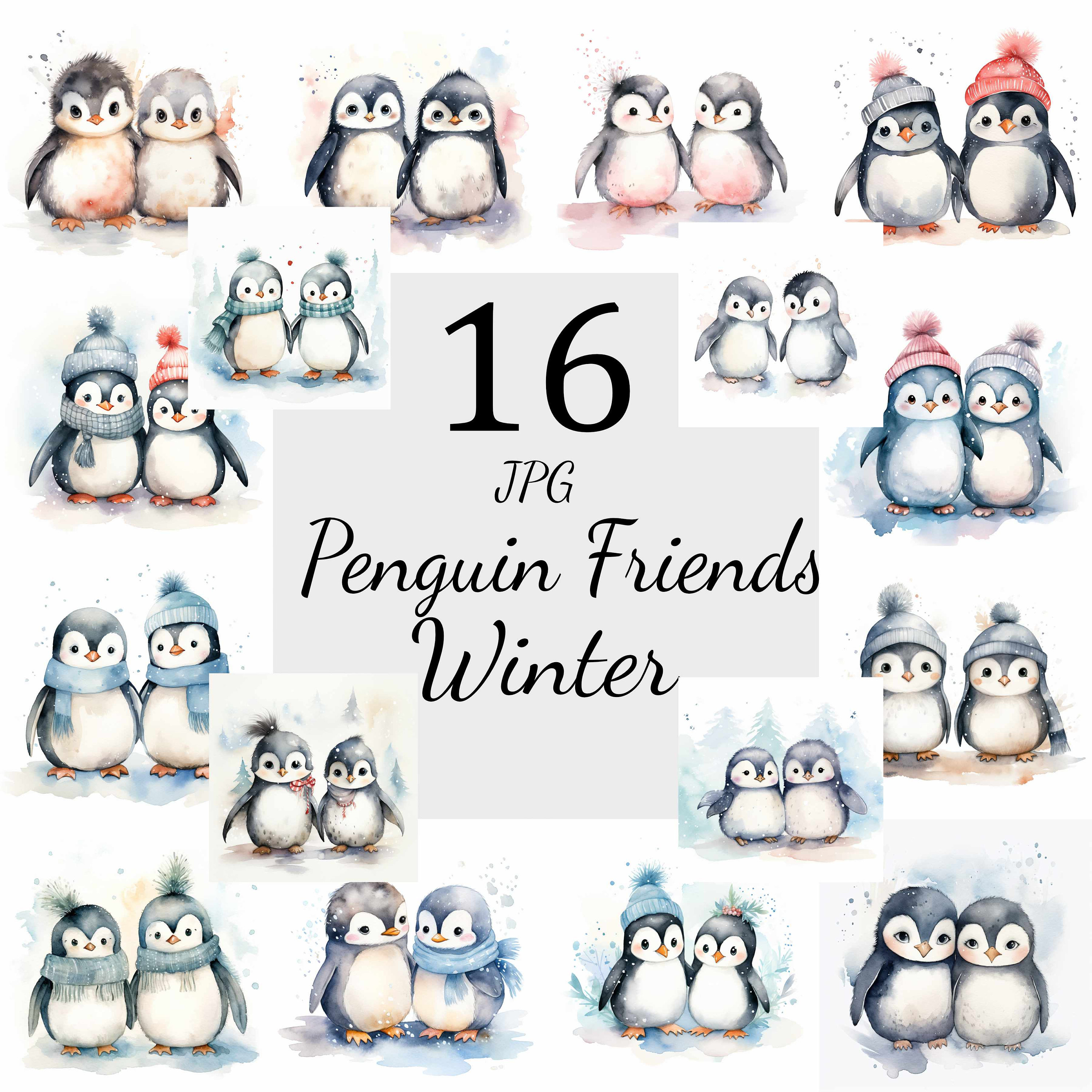 16 Winter Penguin Friends Clipart Bundle, 16 High-quality JPG, Nursery ...