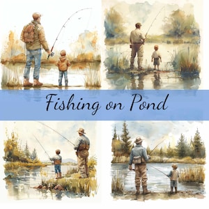 Dad and Son Fishing on a Lake Pond Clipart Bundle, 15 High-quality JPG ...