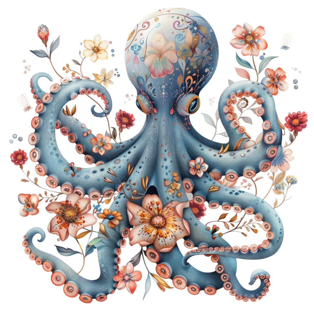 Floral Octopus Flower Clipart Bundle, 16 High-quality JPG, Craft Art ...