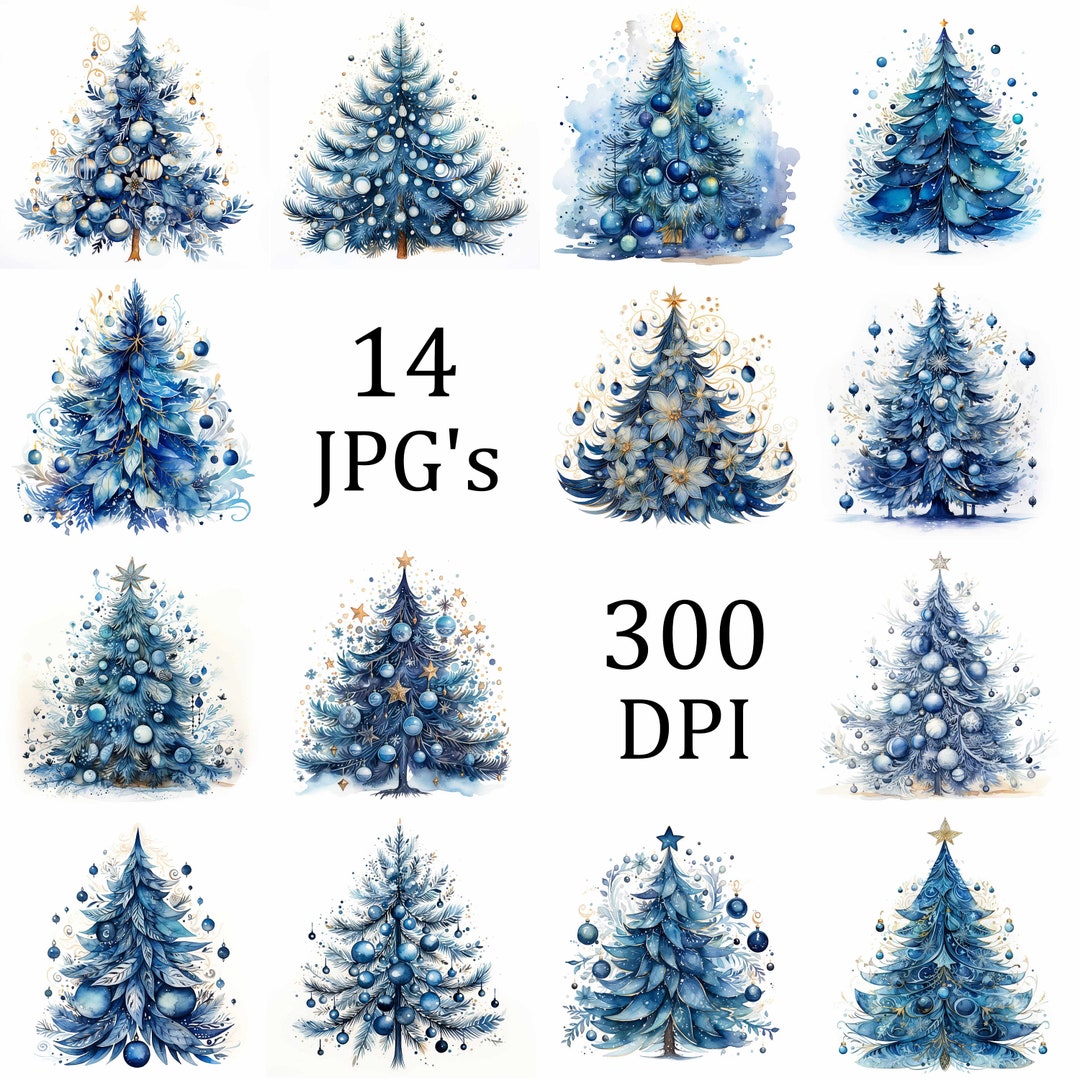 14 Boho Blue Christmas Tree Clipart Bundle, High-quality JPG, Card ...