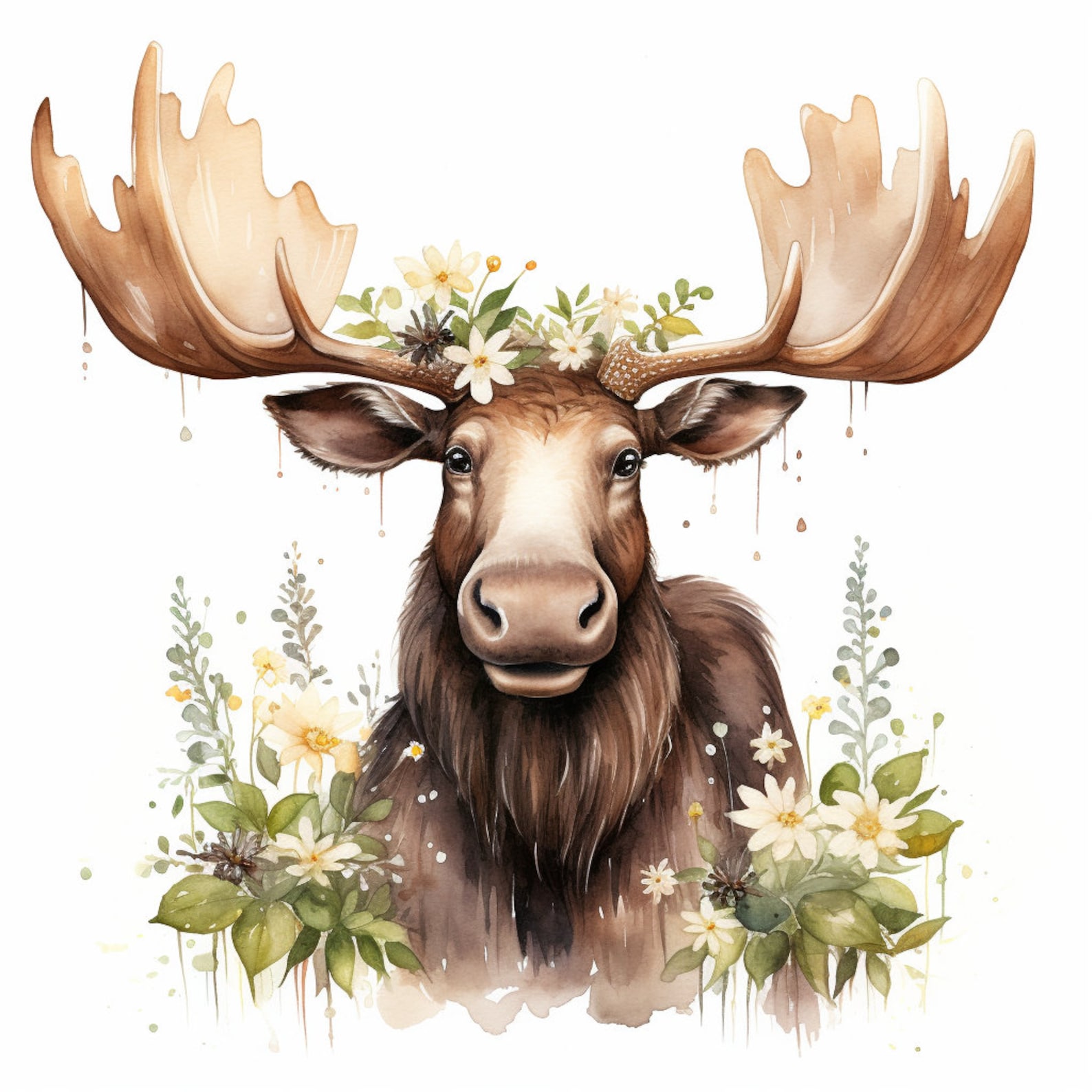12 Cute Moose W Flowers Clipart Bundle, High-quality JPG, Nursery Art ...