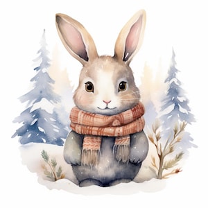 16 Boho Winter Rabbit With Scarf Clipart Bundle, High-quality JPG ...