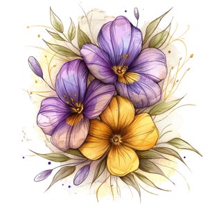 Abstract Purple and Yellow Flowers Clipart Bundle, 16 High-quality JPG ...