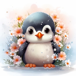 Penguin in Spring Flowers Clipart Bundle, High-quality JPG, Craft Art ...