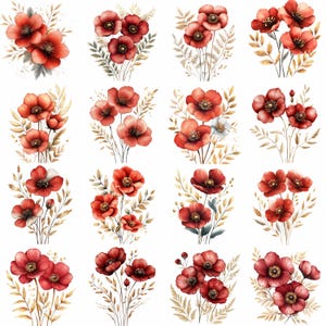 Red Flowers With Gold Clipart Bundle, 16 JPG and Transparent PNG ...