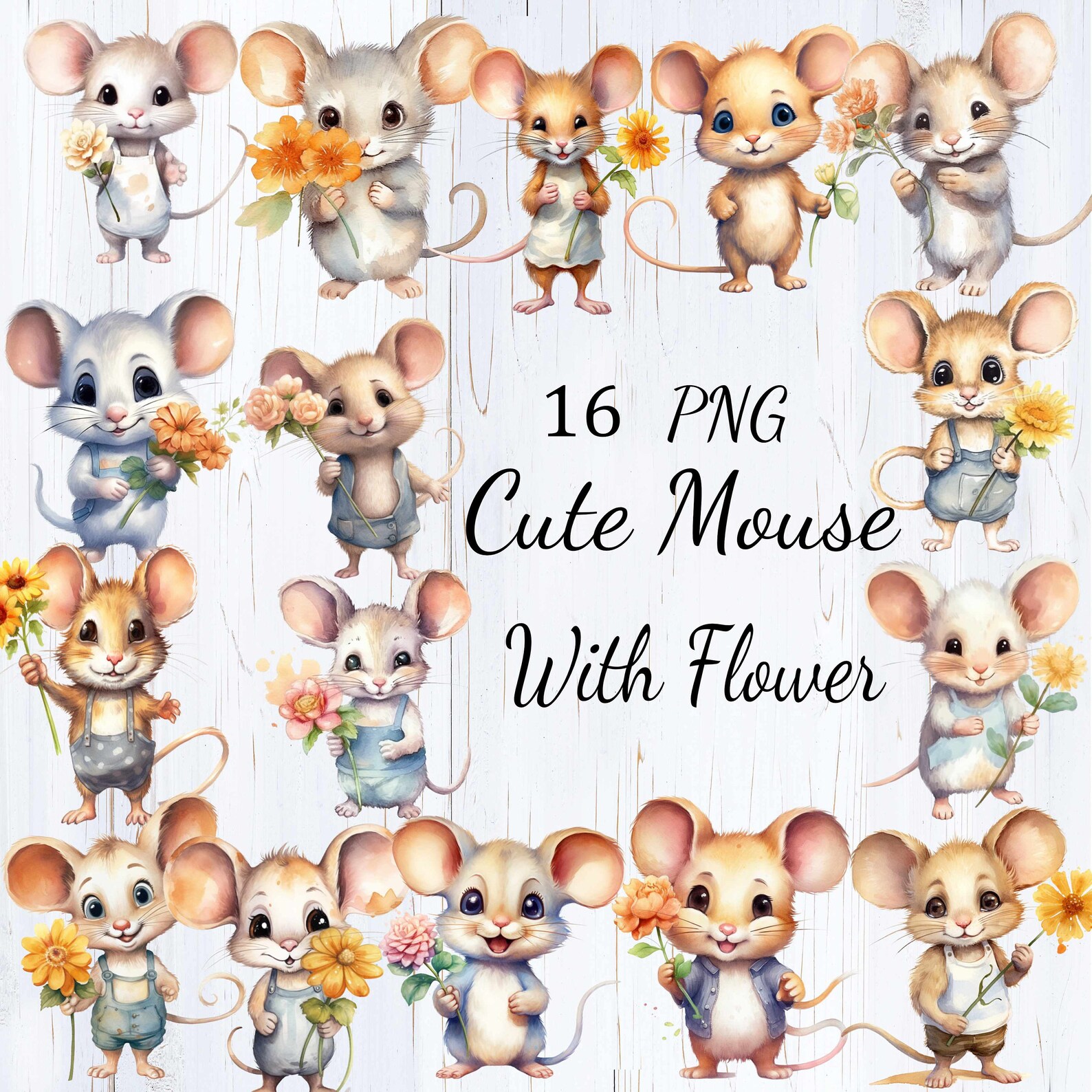 16 Cute Mouse With Flower Clipart Bundle, High-quality PNG, Nursery Art ...