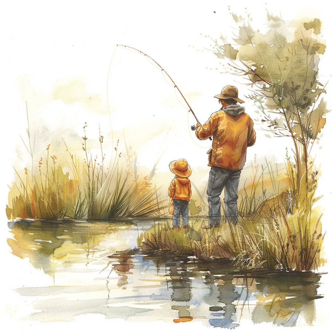 Dad and Son Fishing on a Lake Pond Clipart Bundle, 15 High-quality JPG ...