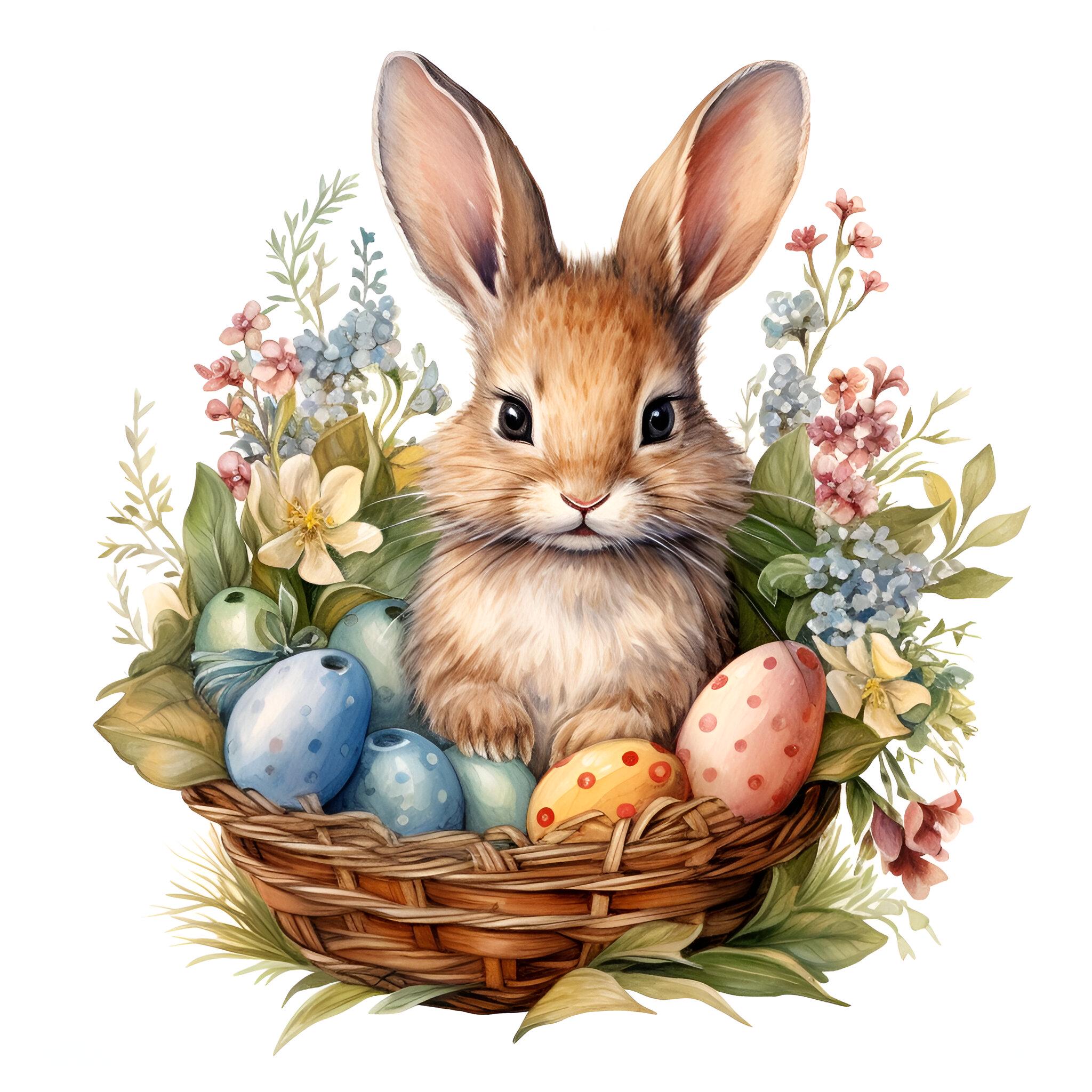 15 Bunny in Easter Basket W Easter Eggs Clipart Bundle High-quality JPG ...
