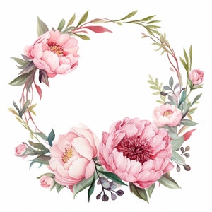 Pink Peony Flower Wreaths Clipart Bundle, High-quality JPG, Craft Art ...