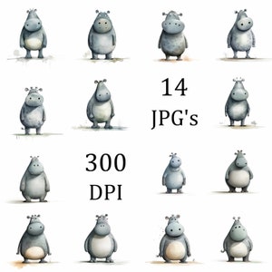 14 Cute Funny Hippos Clipart Bundle, High-quality JPG, Card Making ...