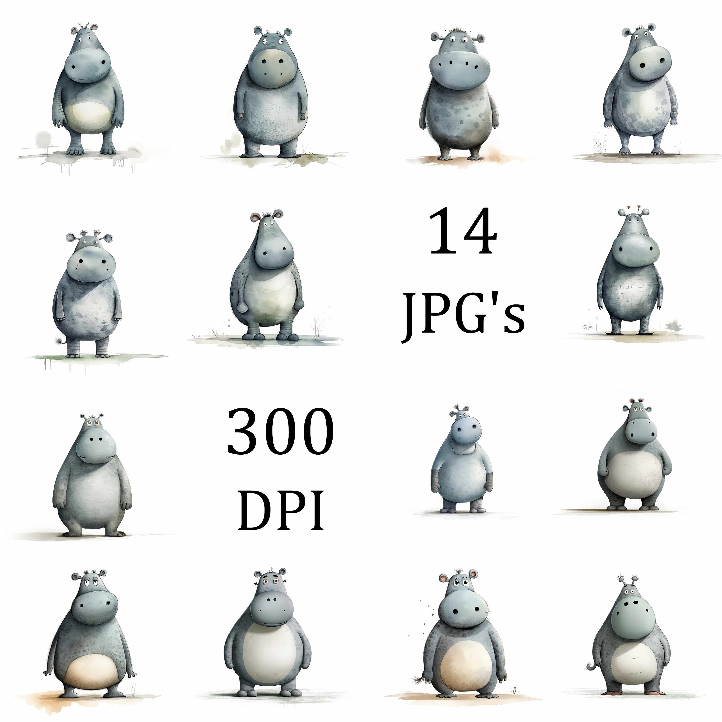 14 Cute Funny Hippos Clipart Bundle, High-quality JPG, Card Making ...