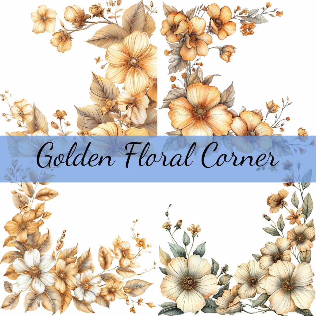 Golden Flower Corner Frame Clipart Bundle, 16 High-quality JPG, Craft ...