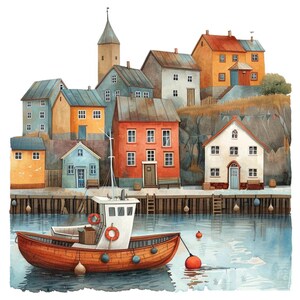 16 Folk Art Harbor Boats Houses Clipart Bundle, 16 High-quality JPG ...