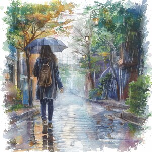 Woman Walking in the Rain Clipart Bundle,16 High-quality JPG, Craft Art ...