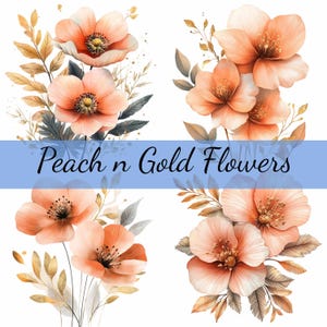 Peach and Gold Flowers Clipart Bundle, 16 JPG and Transparent PNG ...