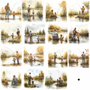 Dad and Son Fishing on a Lake Pond Clipart Bundle, 15 High-quality JPG ...