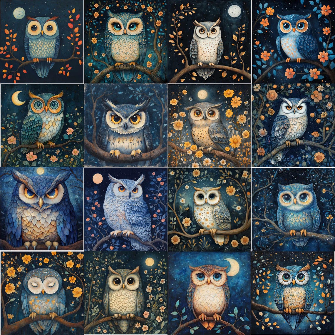 16 Owl in Moon Light Night Clipart Bundle, High-quality JPG, Craft Art ...