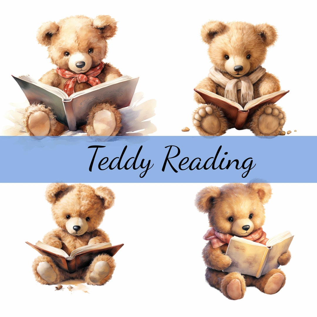 14 Cute Teddy Bear Reading Clipart Bundle, High-quality JPG, Craft Art ...