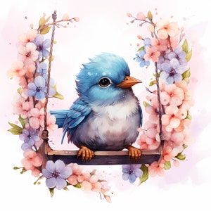 Bird on Swing With Spring Flowers Clipart Bundle, High-quality JPG ...