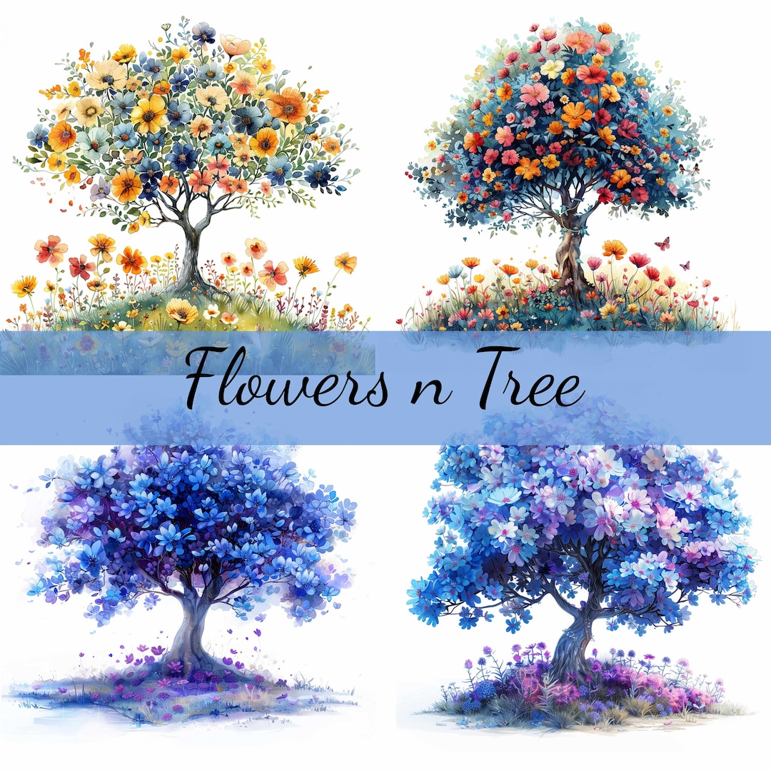 16 Colorful Floral Tree With Flowers Clipart Bundle, High-quality JPG ...