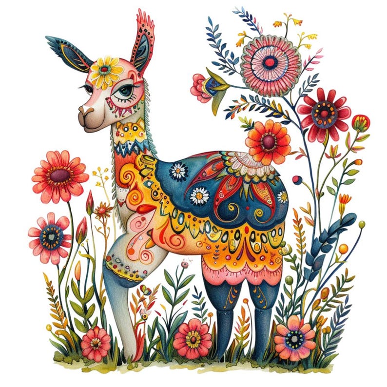 16 Llama With Folk Art Flowers Clipart Bundle, 16 High-quality JPG ...