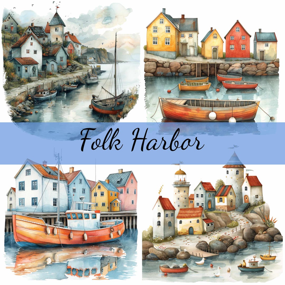 16 Folk Art Harbor Boats Houses Clipart Bundle, 16 High-quality JPG ...