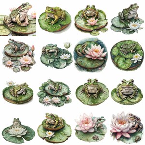 Frog on a Lily Pad With Flower Clipart Bundle, 16 High-quality JPG ...